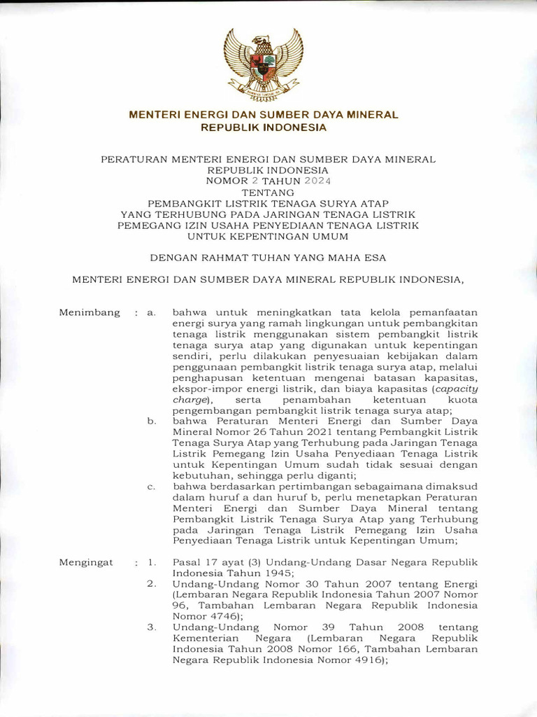 Permen Esdm 2 2024 Plts Atap | PDF