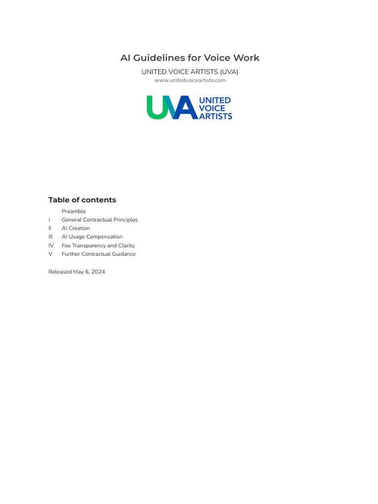 UNITED VOICE ARTISTS AI Guidelines | PDF | Artificial Intelligence | Intelligence (AI) & Semantics