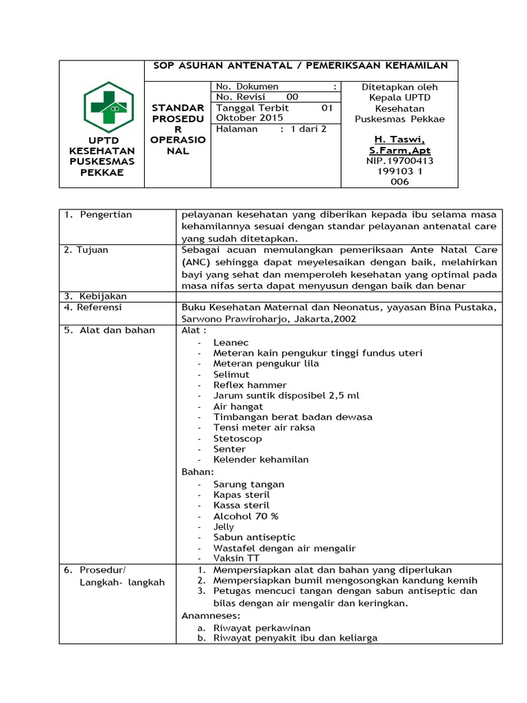 SOP Pemeriksaan Kehamilan | PDF