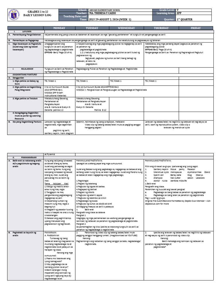 DLL - Epp 5 - Q1 - W1 | PDF