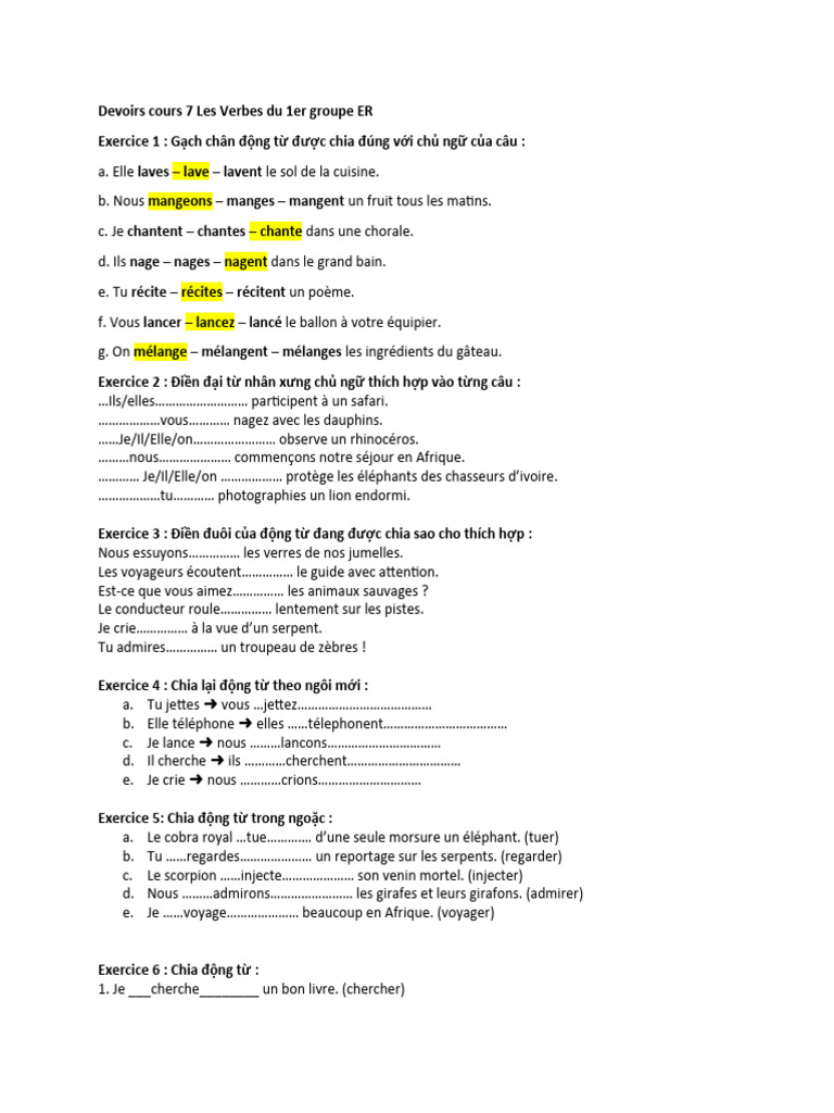 Devoirs Cours 7 Les Verbes Du 1er Groupe ER | PDF