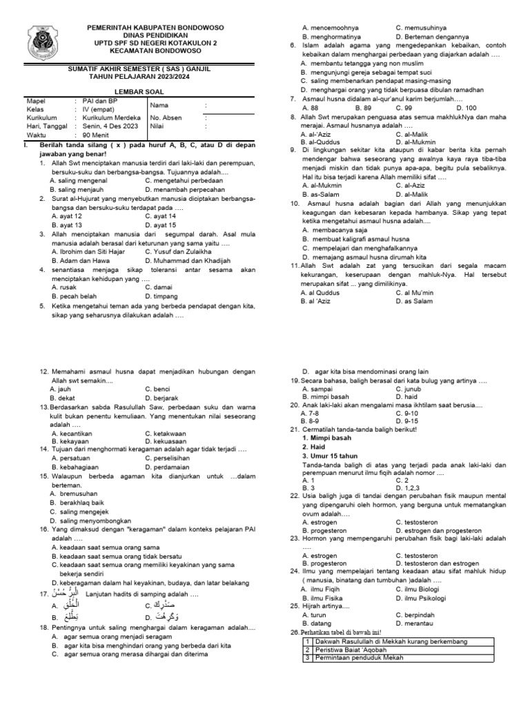 SOAL PAIBP KLS 4 SAS GANJIL Kumer 2023-2024 | PDF
