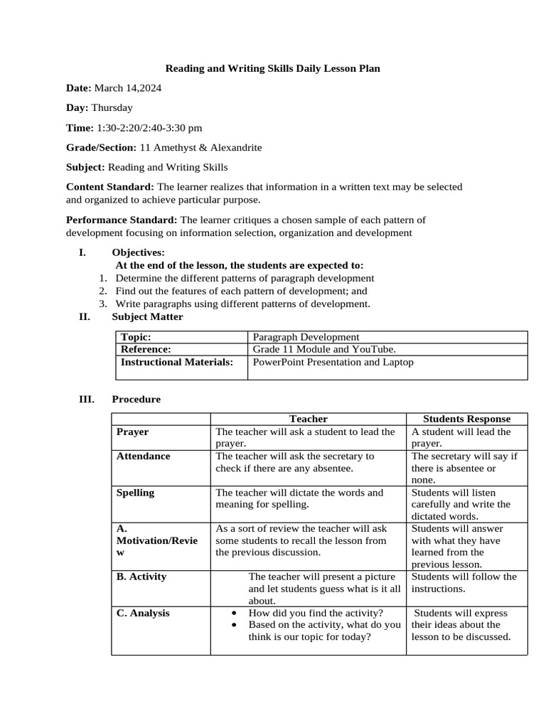 Daily Lesson Plan: Paragraph Development | PDF | Teachers | Lesson Plan