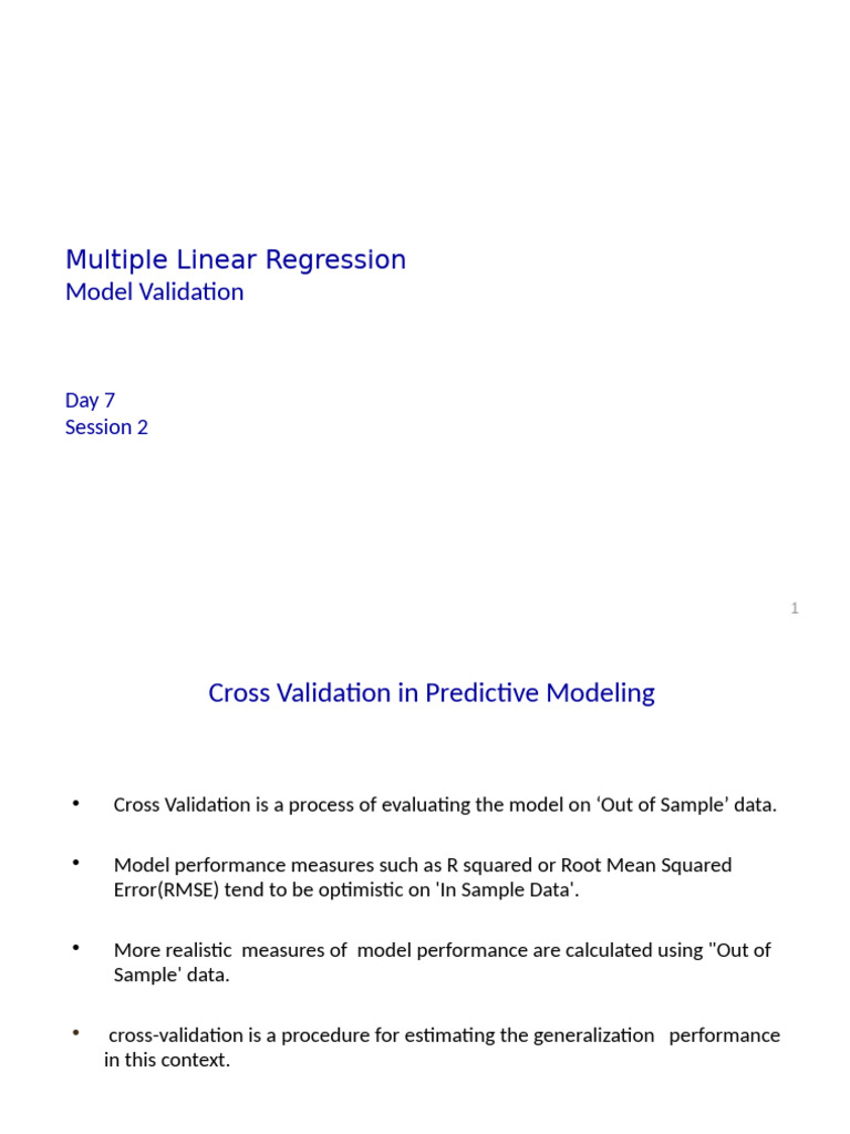 Day 7 Session 2 Cross Validation Pdf Cross Validation Statistics