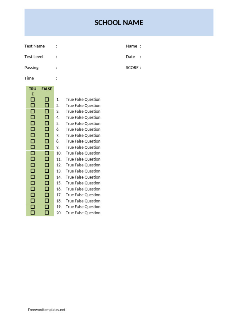 True False Quiz Template 6 | PDF