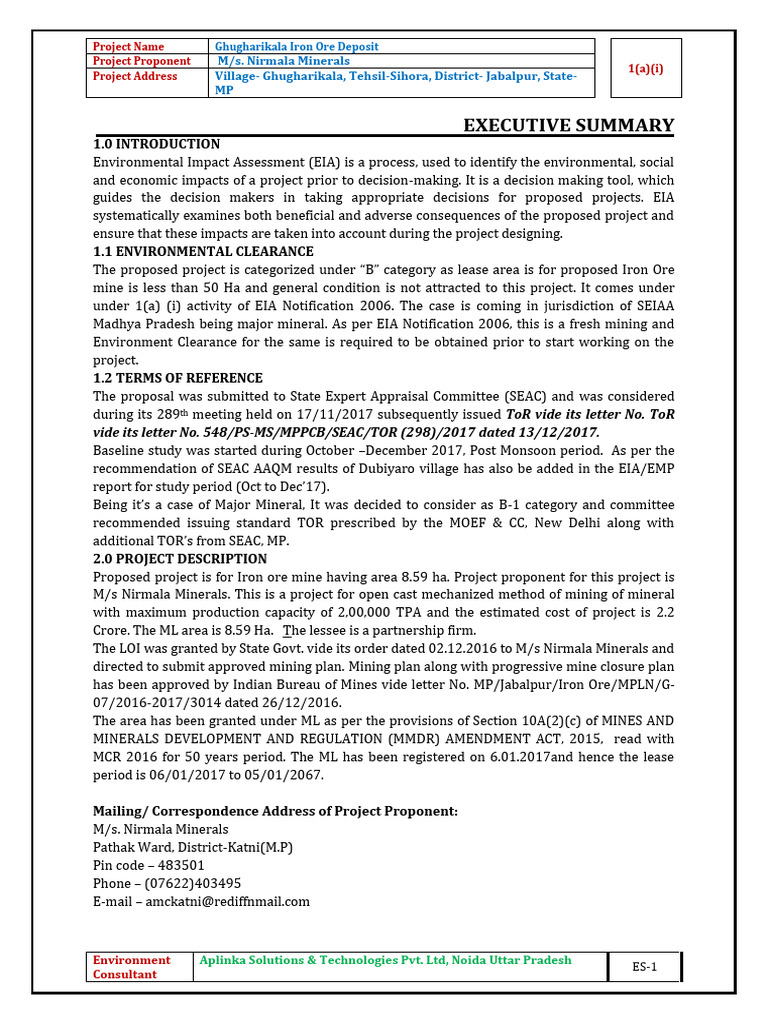 Executive Summary: Project Name 1 (A) (I) Project Proponent Project ...