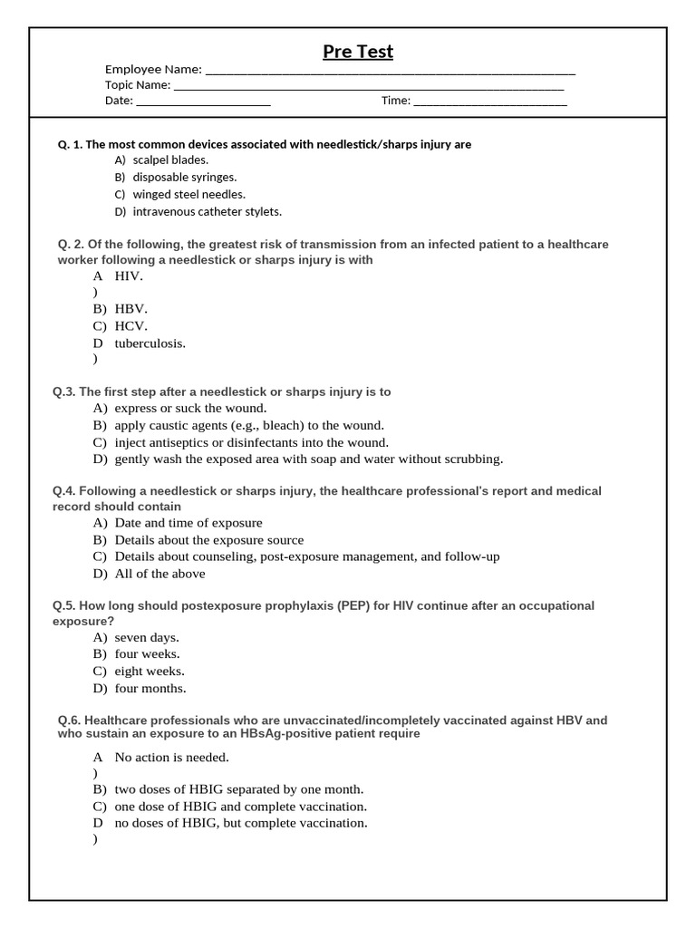 Needlestick Injury Awareness Test | PDF | Medical Specialties ...