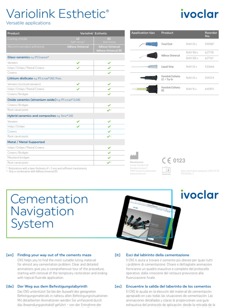 Variolink Applications-Chart 701237 REV2 | PDF | Mouth | Dentistry