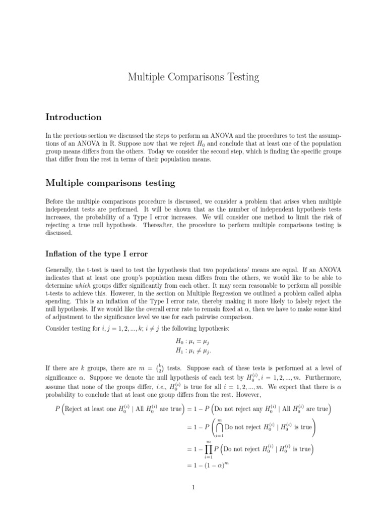 Multiplecomparisonstesting Pdf Multiple Comparisons Problem Type I And Type Ii Errors