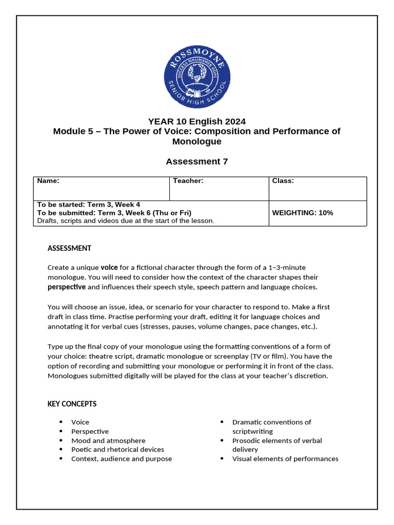 FINAL Assessment 7 Task Brief and Marking Key | PDF | Monologue | Screenplay