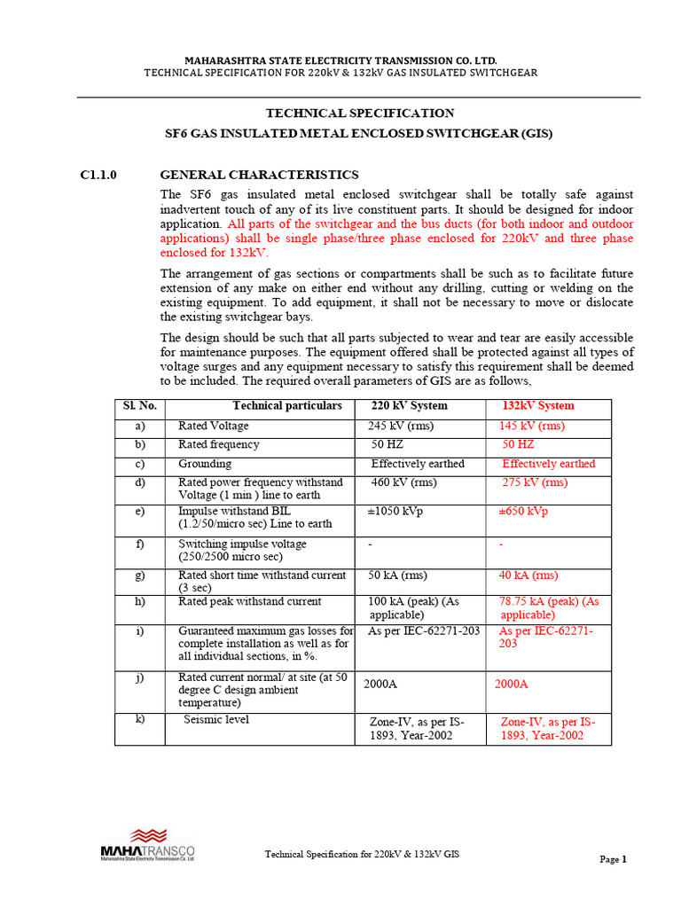 02. Annexture- B 220kV & 132kV GIS Specification | PDF | Insulator (Electricity) | Electrical ...