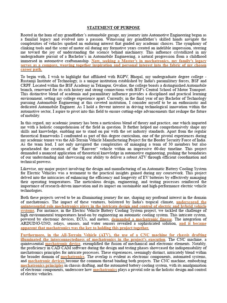 02 Palash Soni - SOP - Electromobility ACES - FAU | PDF | Mechatronics | Electric Vehicle
