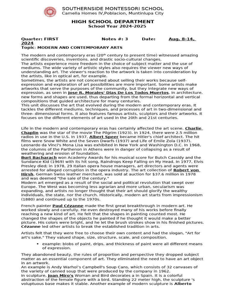 Mapeh Notes 3 Grade 10 1ST Quarter | PDF | Sculpture | Abstract Art