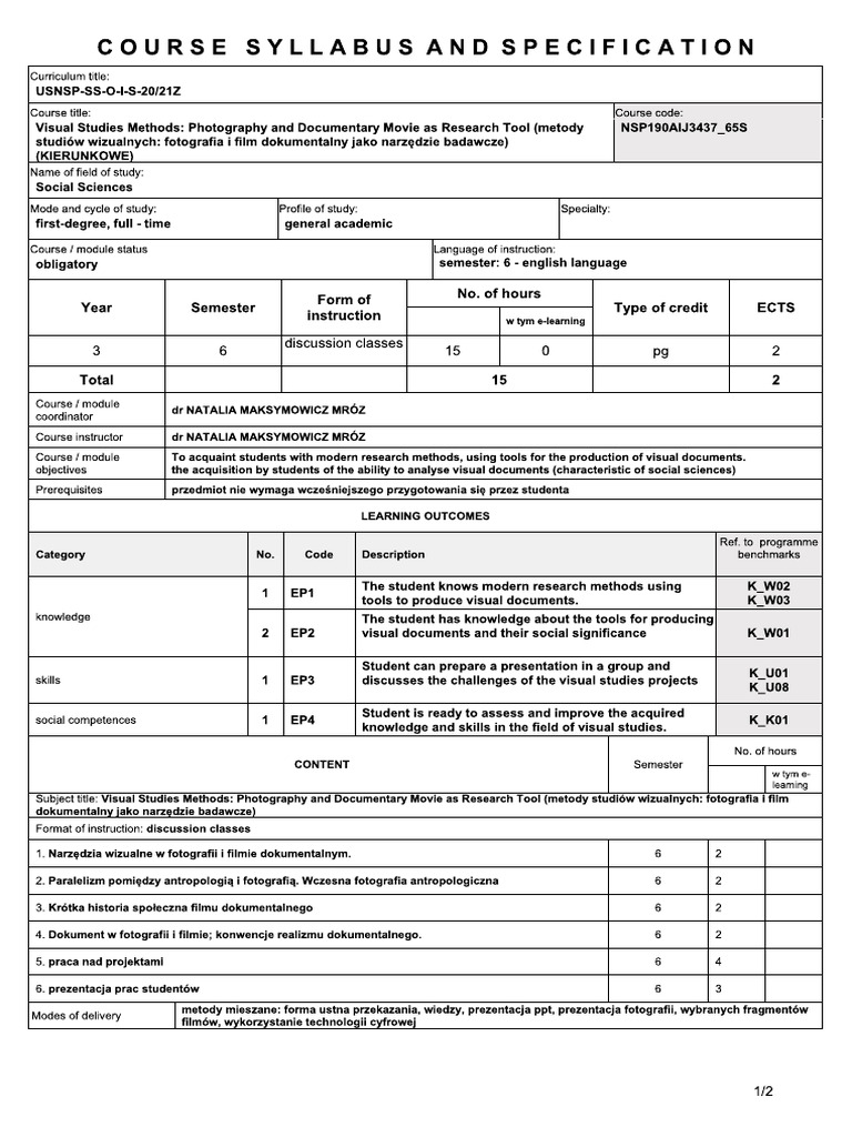 Visual Studies Methods - Syllabus | PDF