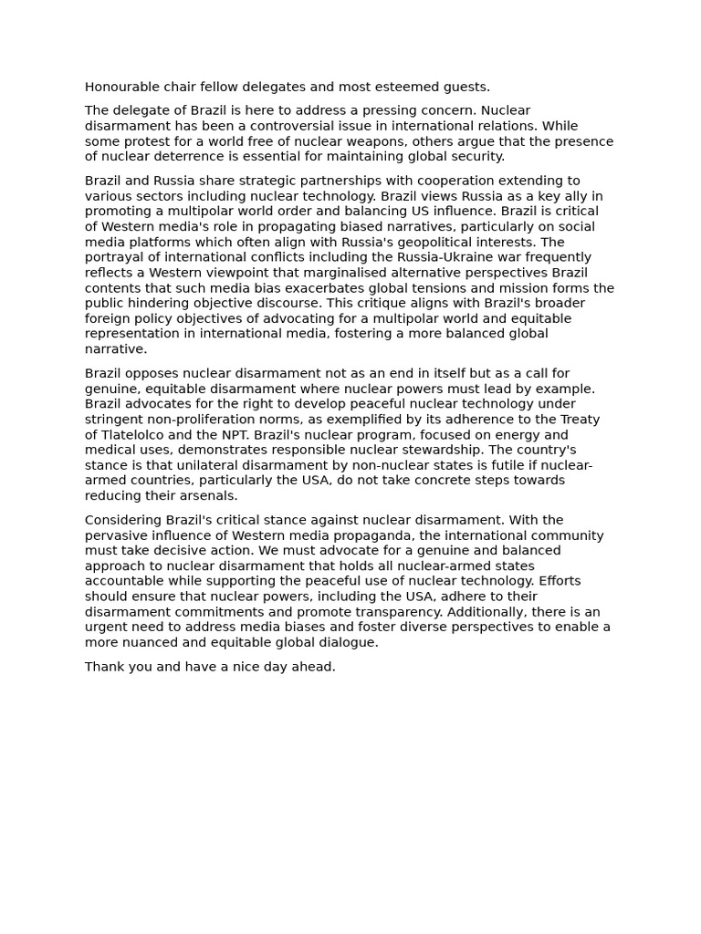 Honourable Chair Fellow Delegates and Most Esteemed Guests | PDF ...