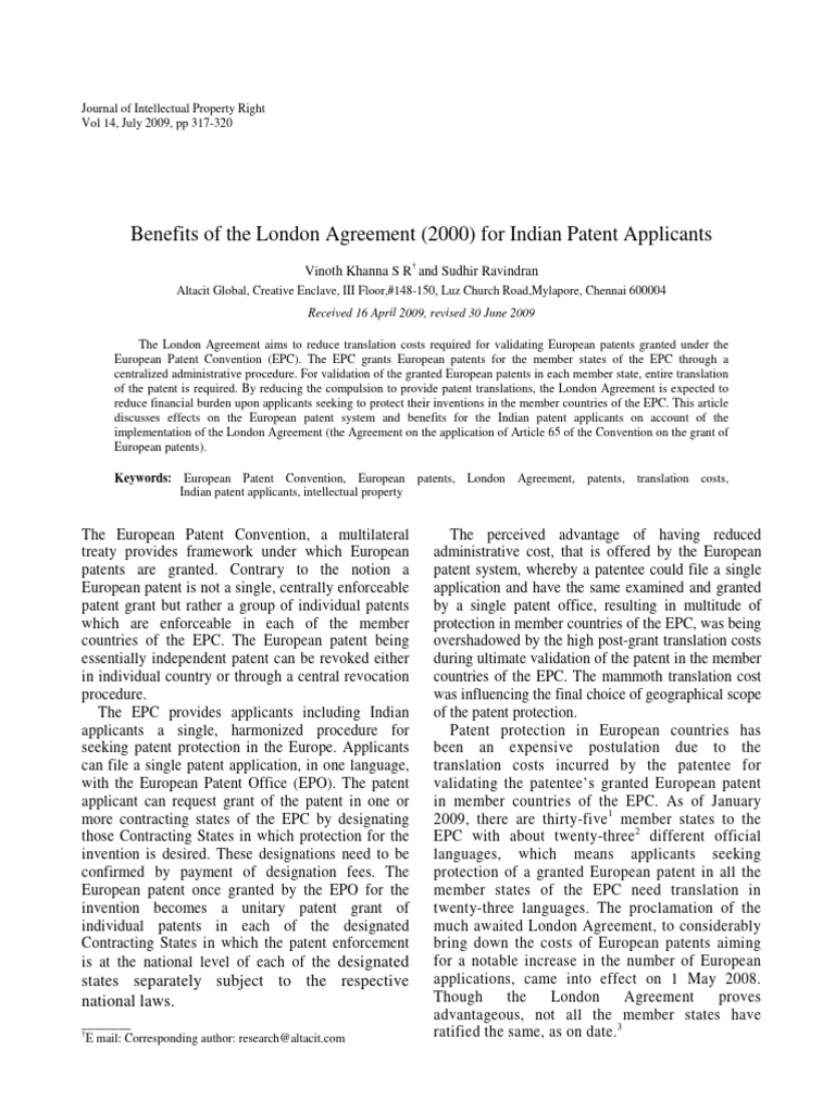 London Agreement Benefits for Indian Patents | PDF | Patent | Patent Law