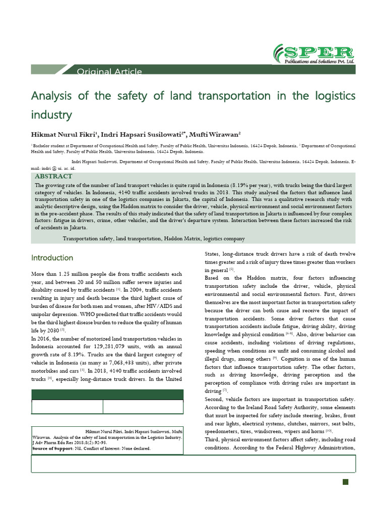 Analysis of The Safety of Land Transportation in The Logistics Industry ...