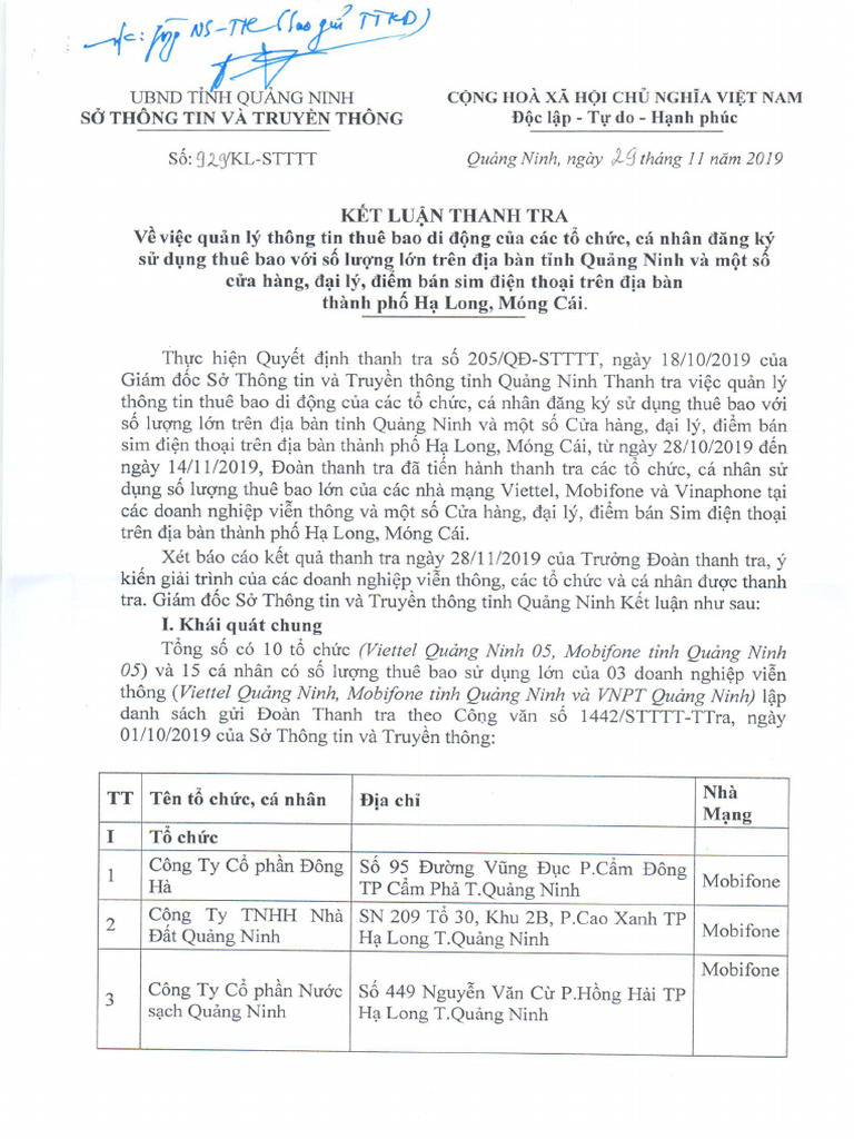 929-KL-STTTT - Ket Luan Thanh Tra Ve Viec Quan Ly Thong Tin Thue Bao Di Dong Tra Truoc | PDF