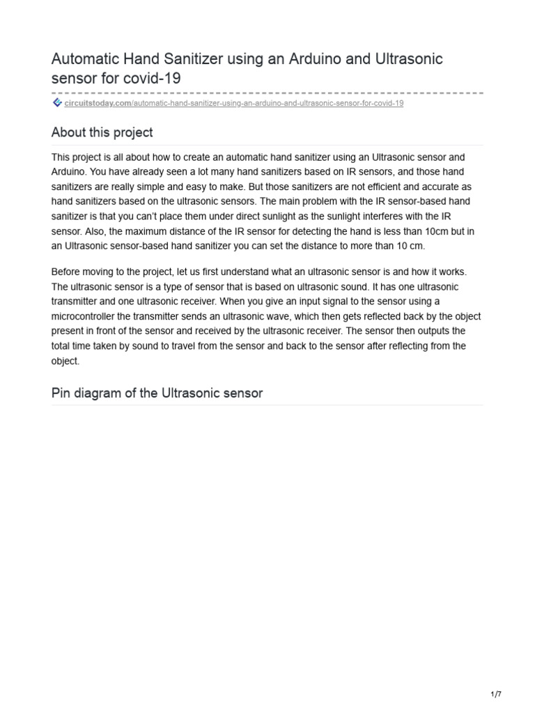 Automatic Hand Sanitizer Using An Arduino and Ultrasonic Sensor | PDF | Arduino | Sensor