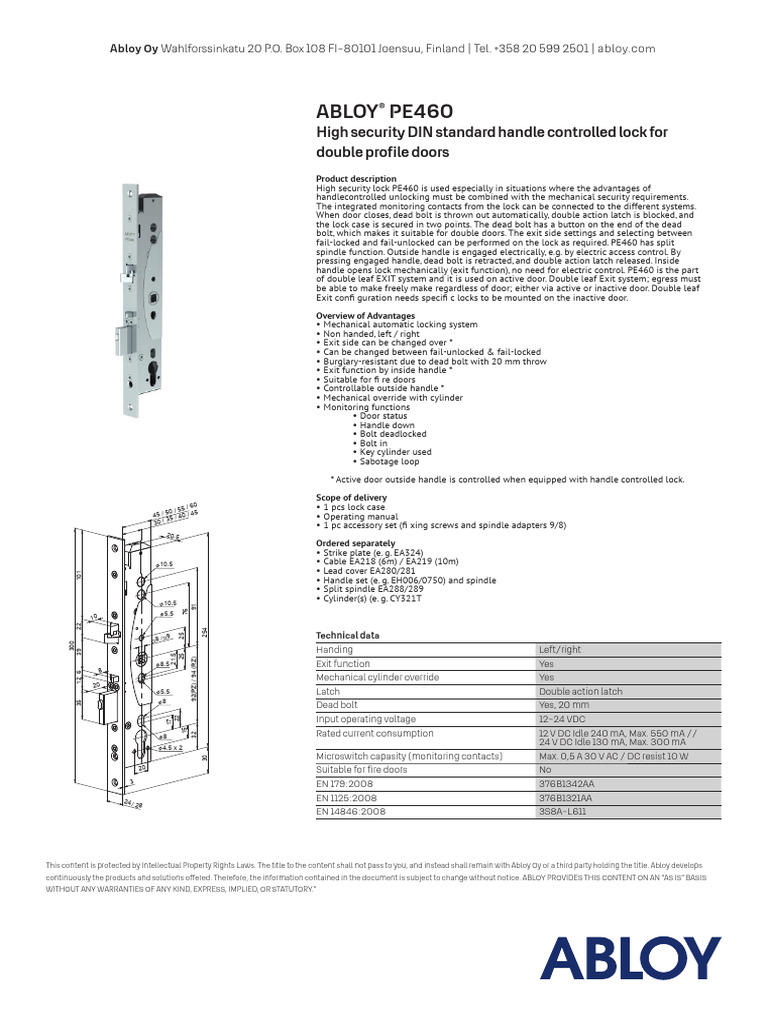 ABLOY PE460 Data Sheet 1 | PDF | Door | Manufactured Goods