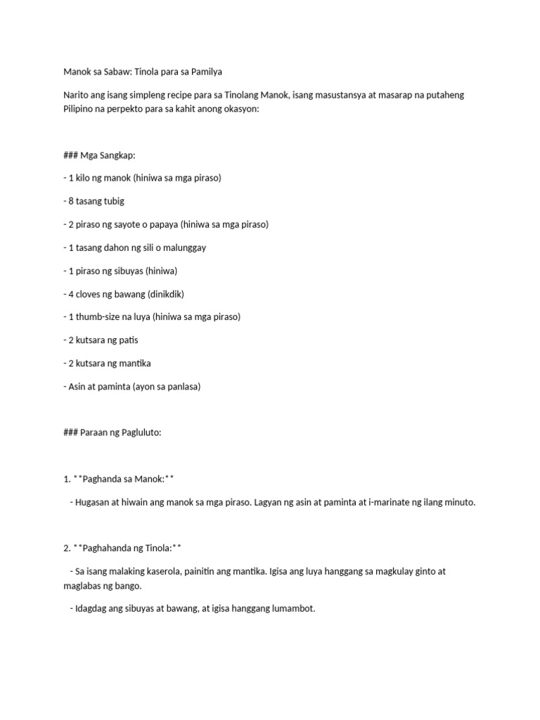 Manok Sa Sabaw Tinola para Sa Pamilya | PDF