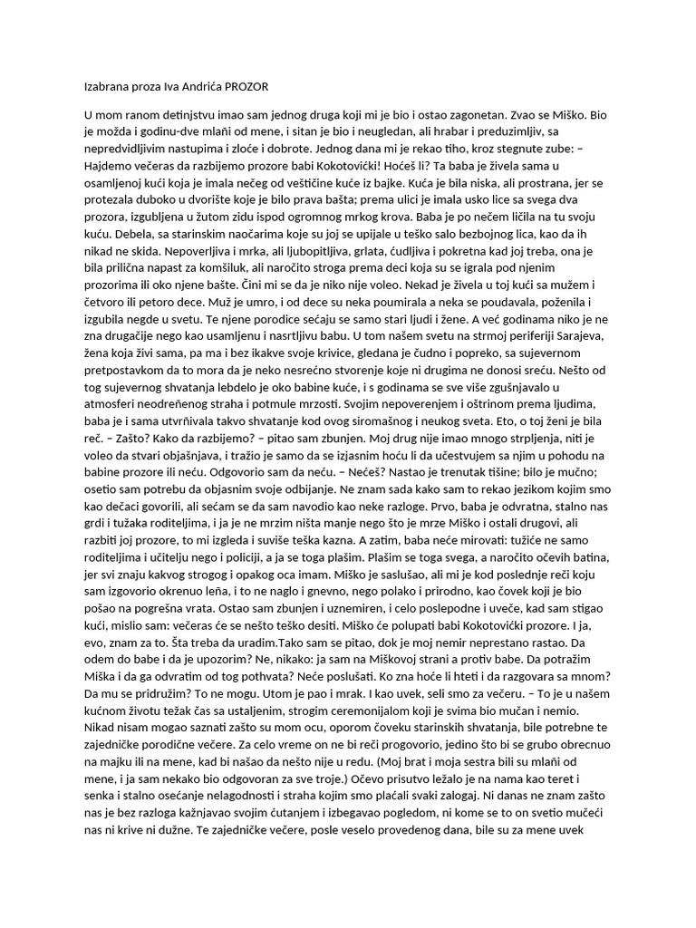 Izabrana Proza Iva Andrića PROZOR | PDF