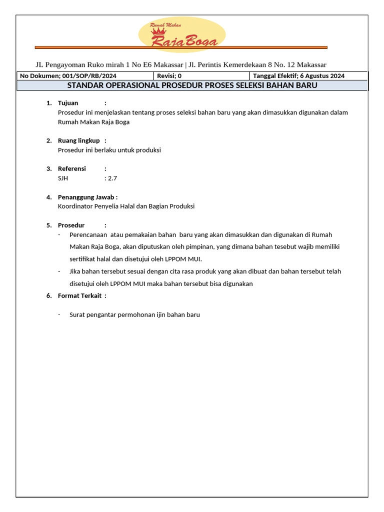2 SOP Seleksi Bahan Baru Halal | PDF