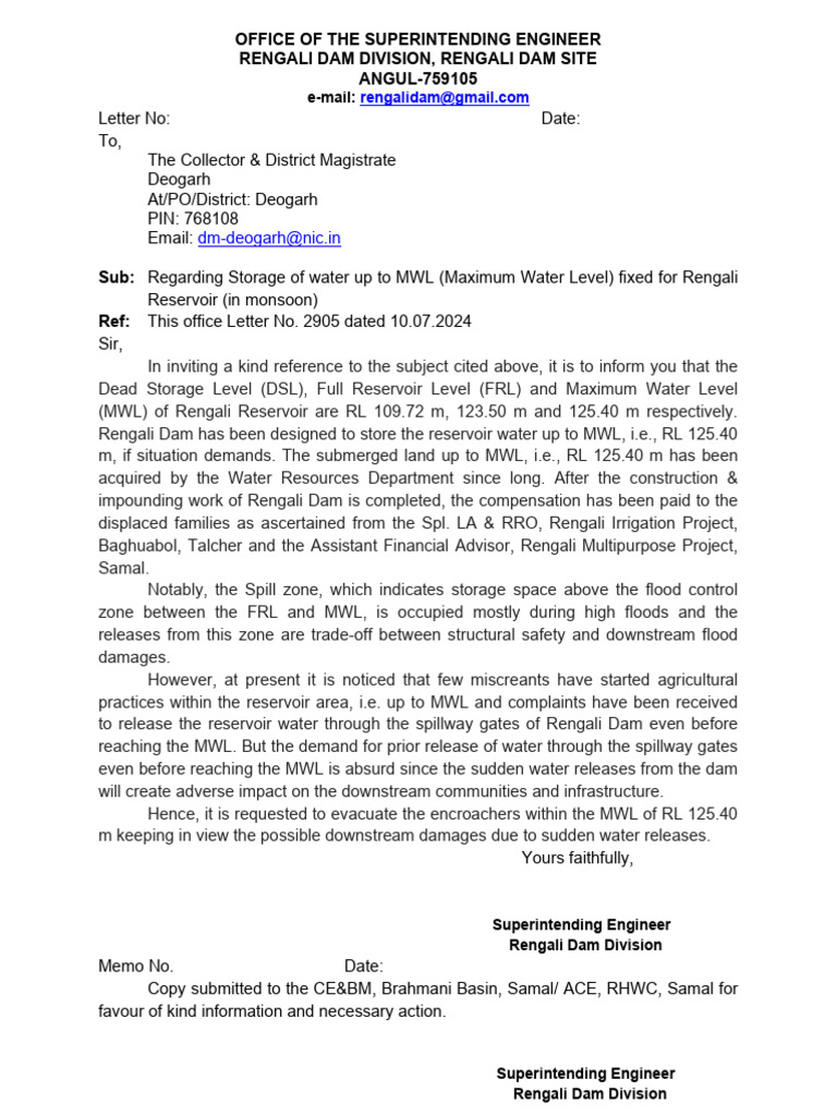 Letter Regarding Storage of Water Up To MWL of Rengali Reservoir | PDF ...