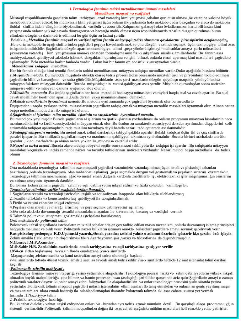 Texnologiya Fenninin Tedrisi Metodikasi Umumi Meseleleri | PDF