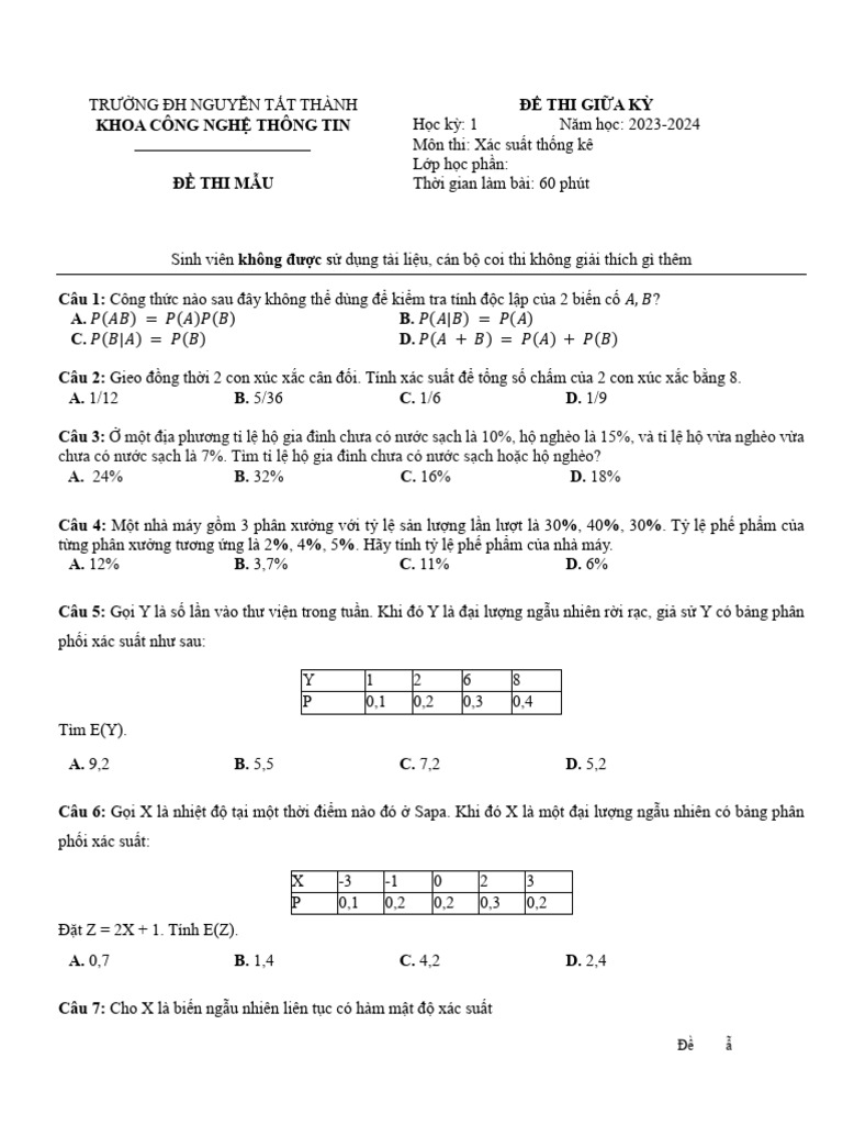 De Thi GK Mau XSTK | PDF