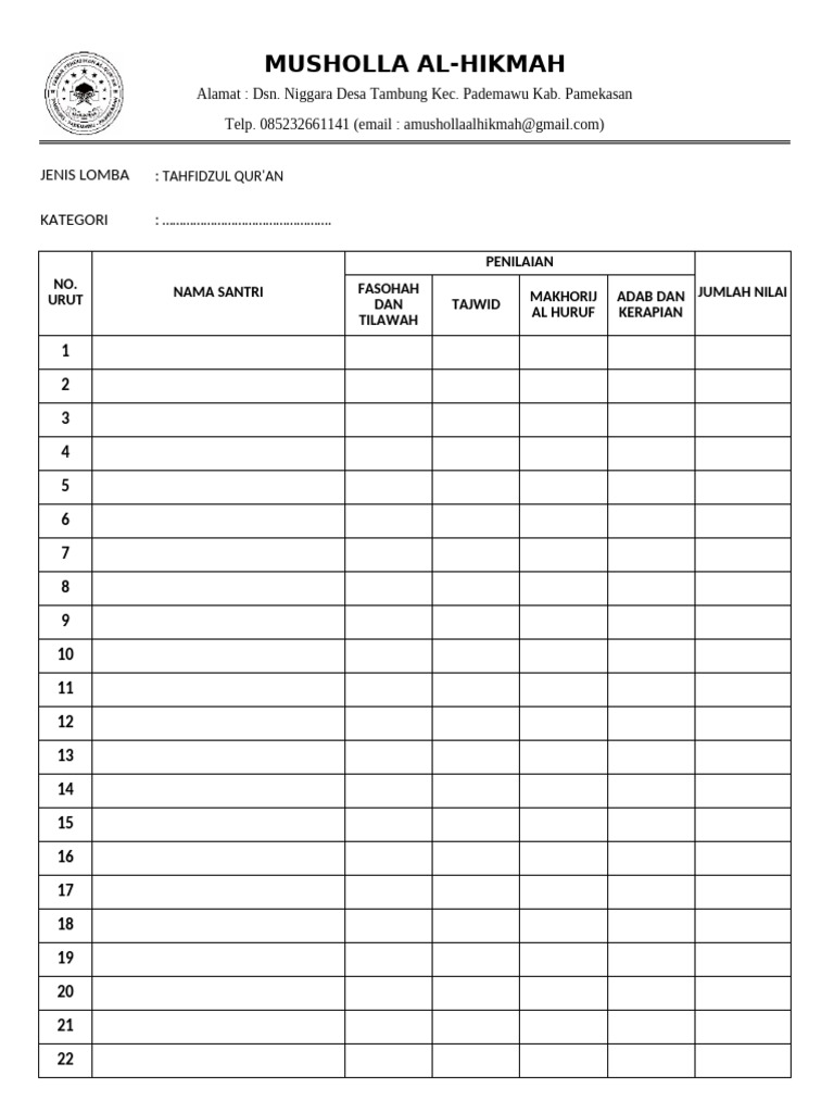 Form Penilaian Lomba | PDF
