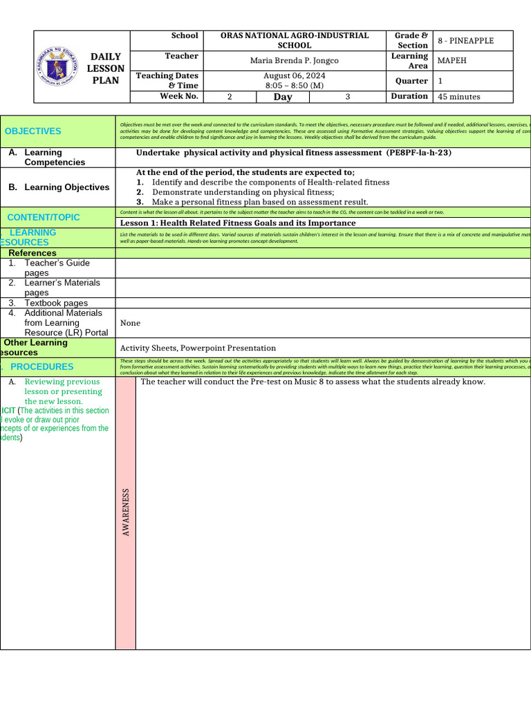 COT LESSON PLAN IN P.E 7 - Jan.17,2024 | PDF | Force | Weight