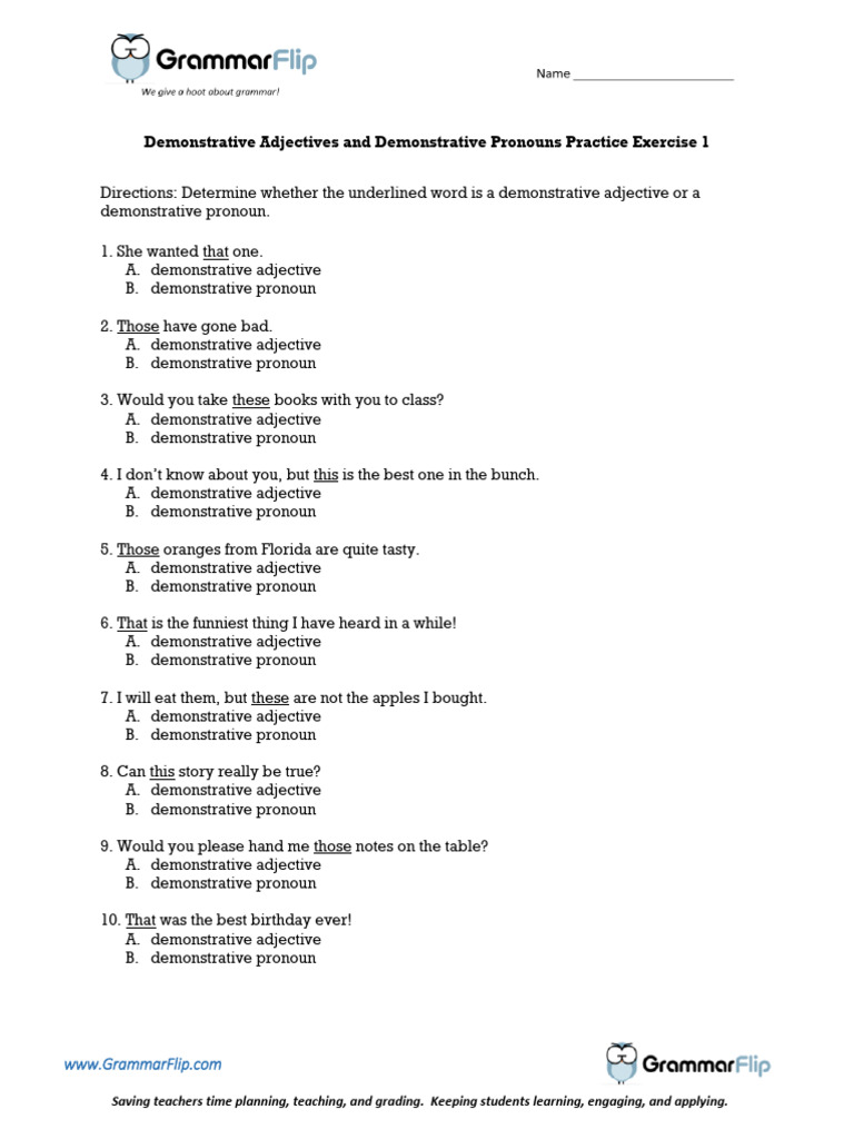 Demonstrative Adjectives & Pronouns Exercise | PDF | Language Arts ...