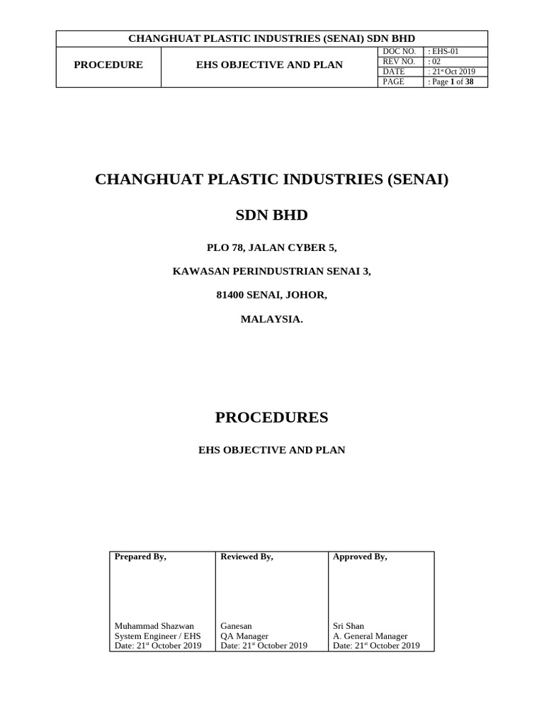 EHS-01 EHS Objective & Plan | PDF | Occupational Safety And Health | Personal Protective Equipment