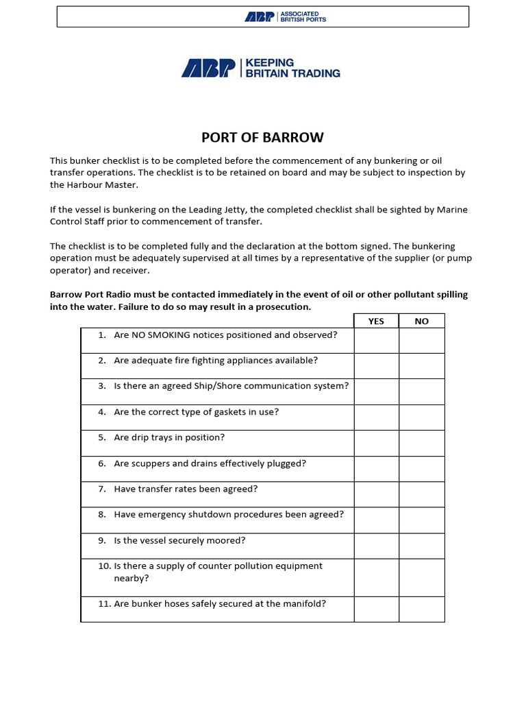 Abp Barrow Bunkering Checklist | PDF | Shipping | Water Transport