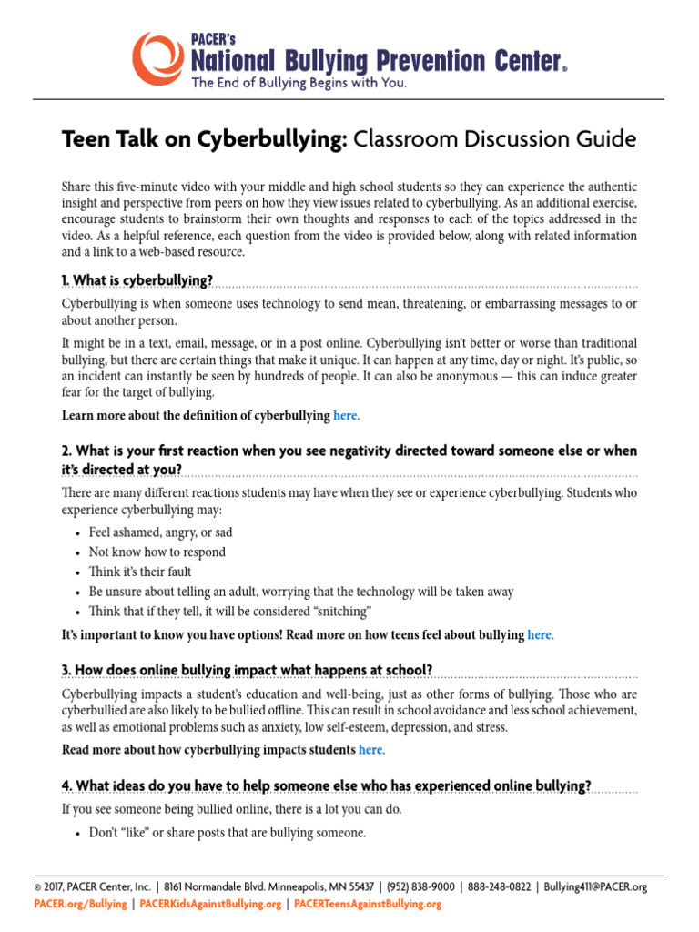 Teen Talk On Cyberbullying Classroom Discussion Guide | PDF ...