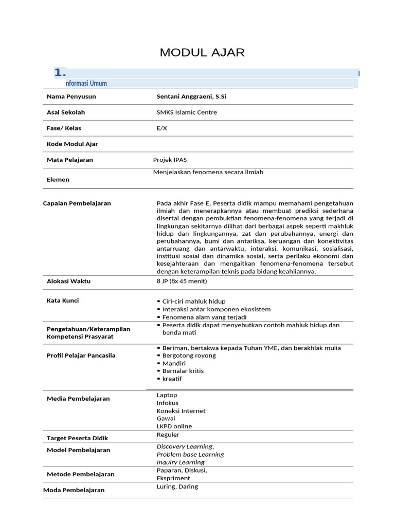 Modul Ajar Ipas MH Dan Lingk 2024 | PDF | Sains & Matematika