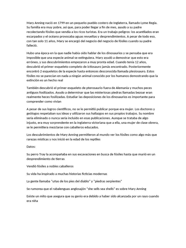 Mary Anning 1779 Español | PDF | Ciencias sociales | Historia