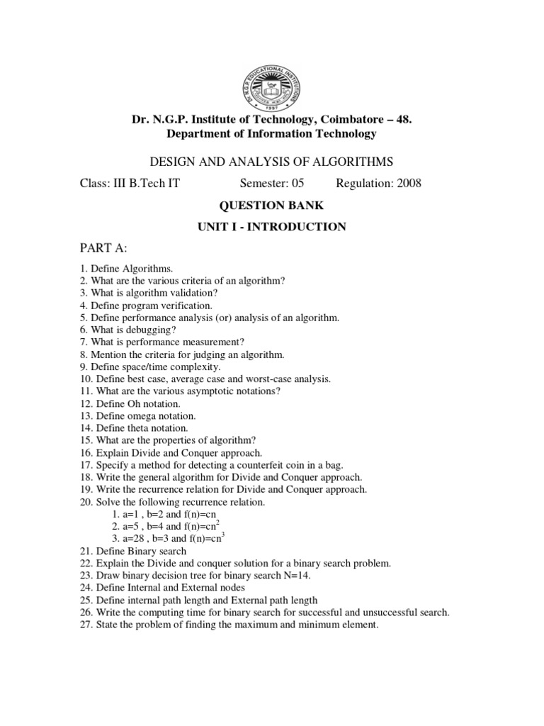 DAA Question Bank | PDF | Dynamic Programming | Mathematical Optimization DAA Question Bank | PDF | Dynamic Programming | Mathematical Optimization