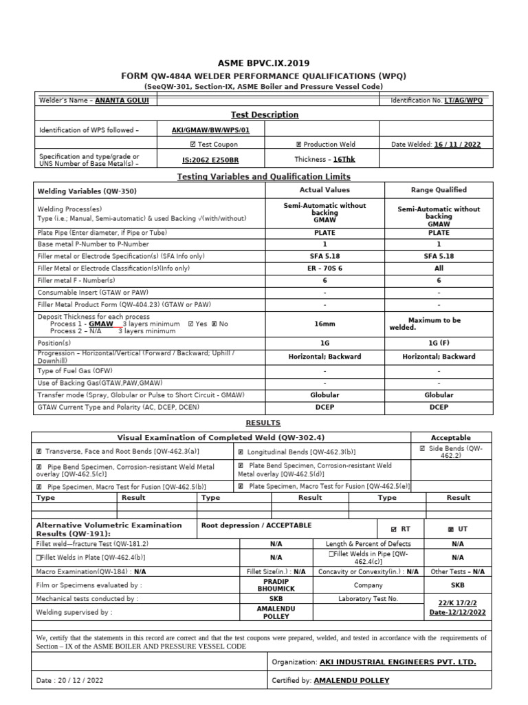 Ananta Golui WQT | PDF | Welding | Construction