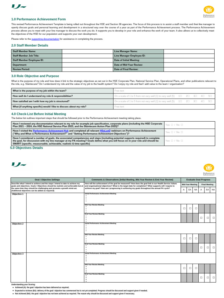 HSE Performance Achievement Blank Template August2023 | PDF | Goal ...