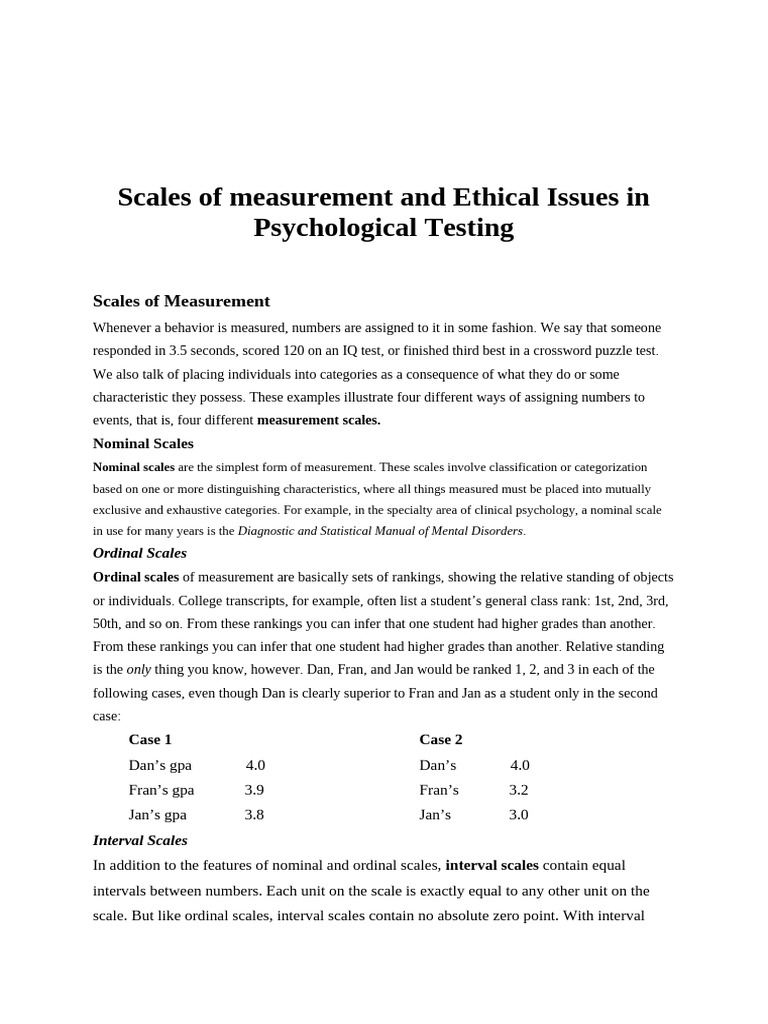 Scales of Measurement and Ethical Issues in Psychological Testing | PDF ...