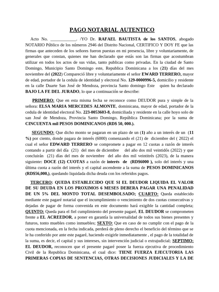 Modelo Pago Notarial Señor Eward Terrero | PDF | Pagos