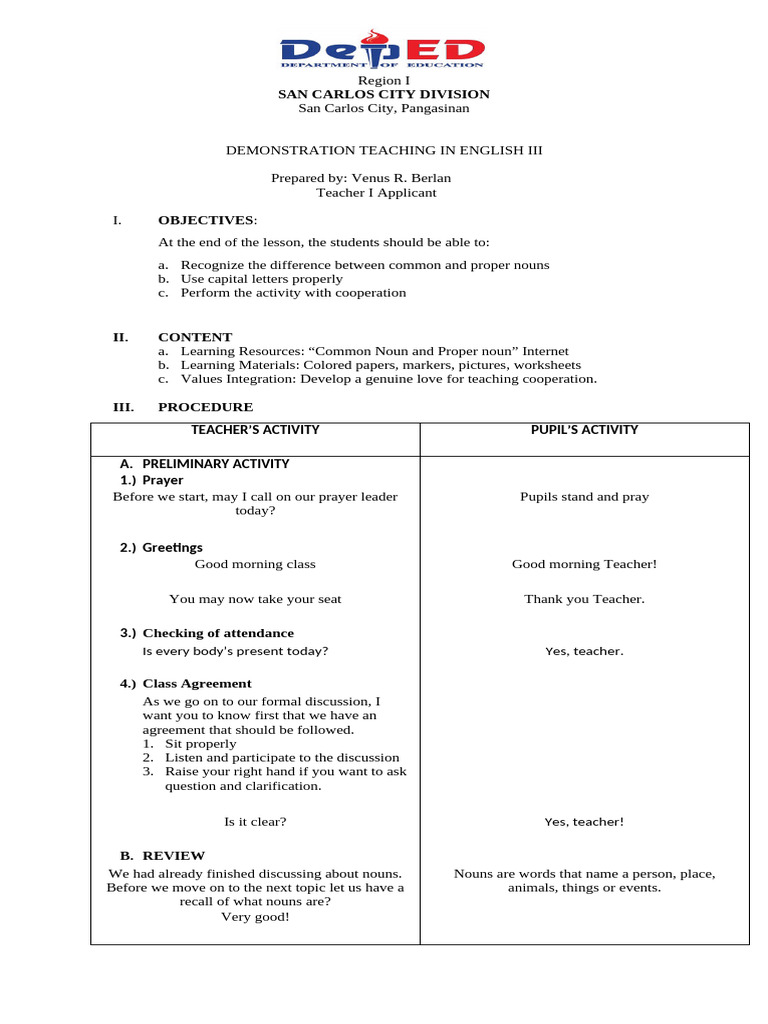 Lesson Plan Demo | PDF | Noun | Teachers