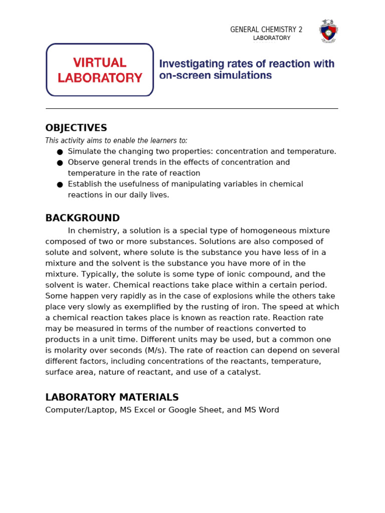 Virtual Laboratory - Simulation Reaction Rate | PDF | Reaction Rate ...