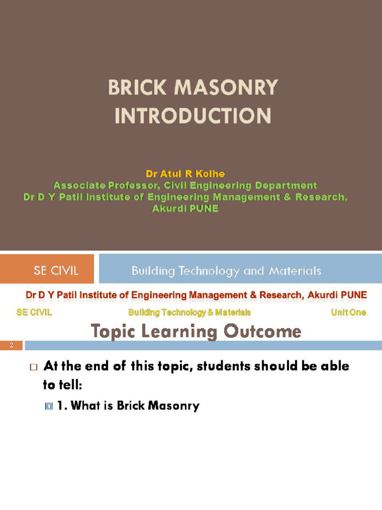Brick Masonry Introduction | PDF