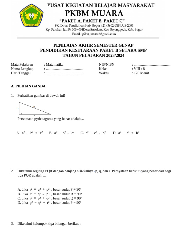 Soal PAS Kelas VIII - MTK | PDF | Seni