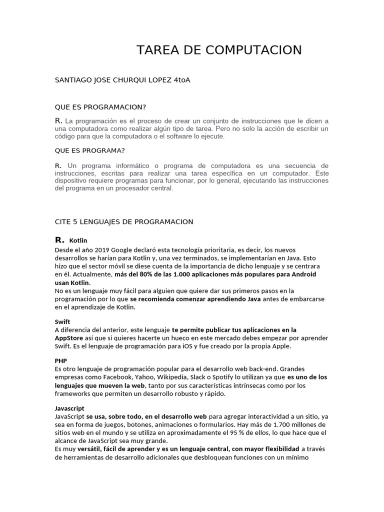 Tarea de Computacion | PDF | Lenguaje de programación | Programación