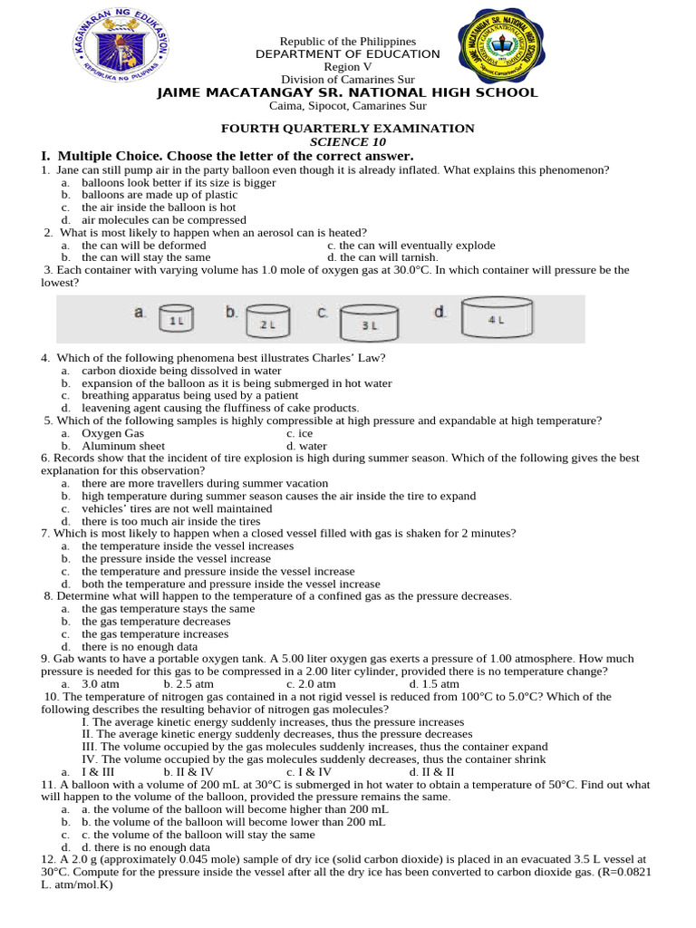 4th Grading Exam 2020 | PDF | Gases | Carbohydrates