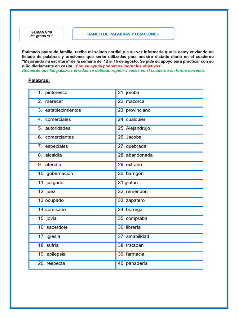 Banco de Palabras para Dictado 2do Grado | PDF